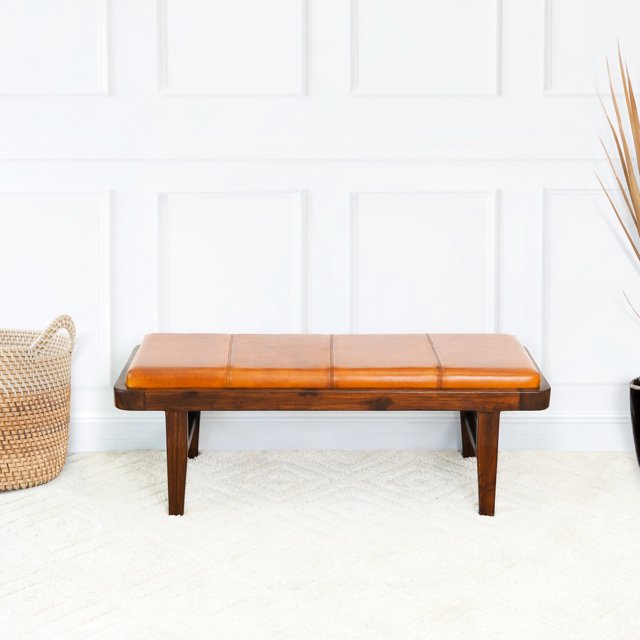 Tan Leather Accent Bungee Jumping Bench: Solid Wood Construction For ...