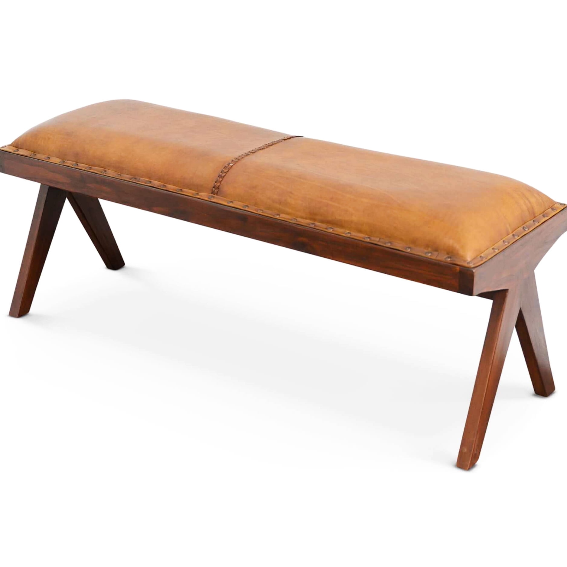 Tan Leather Bench With Mid-century Modern Vibe - Solid Wood Base ...