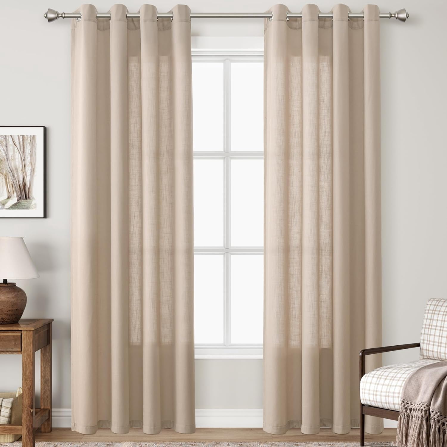 Tan Linen Curtains 84 inches Long 2 Panel Set Grommet Elegant Semi ...