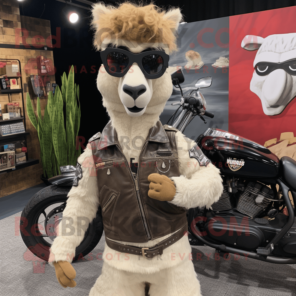 Tan Llama REDBROKOLY mascot costume character dressed with a Biker ...