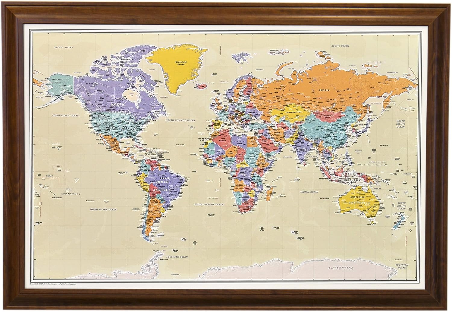 Tan Oceans World Brown Frame Framed Map for Tracking Your s 27.5" x 39. ...