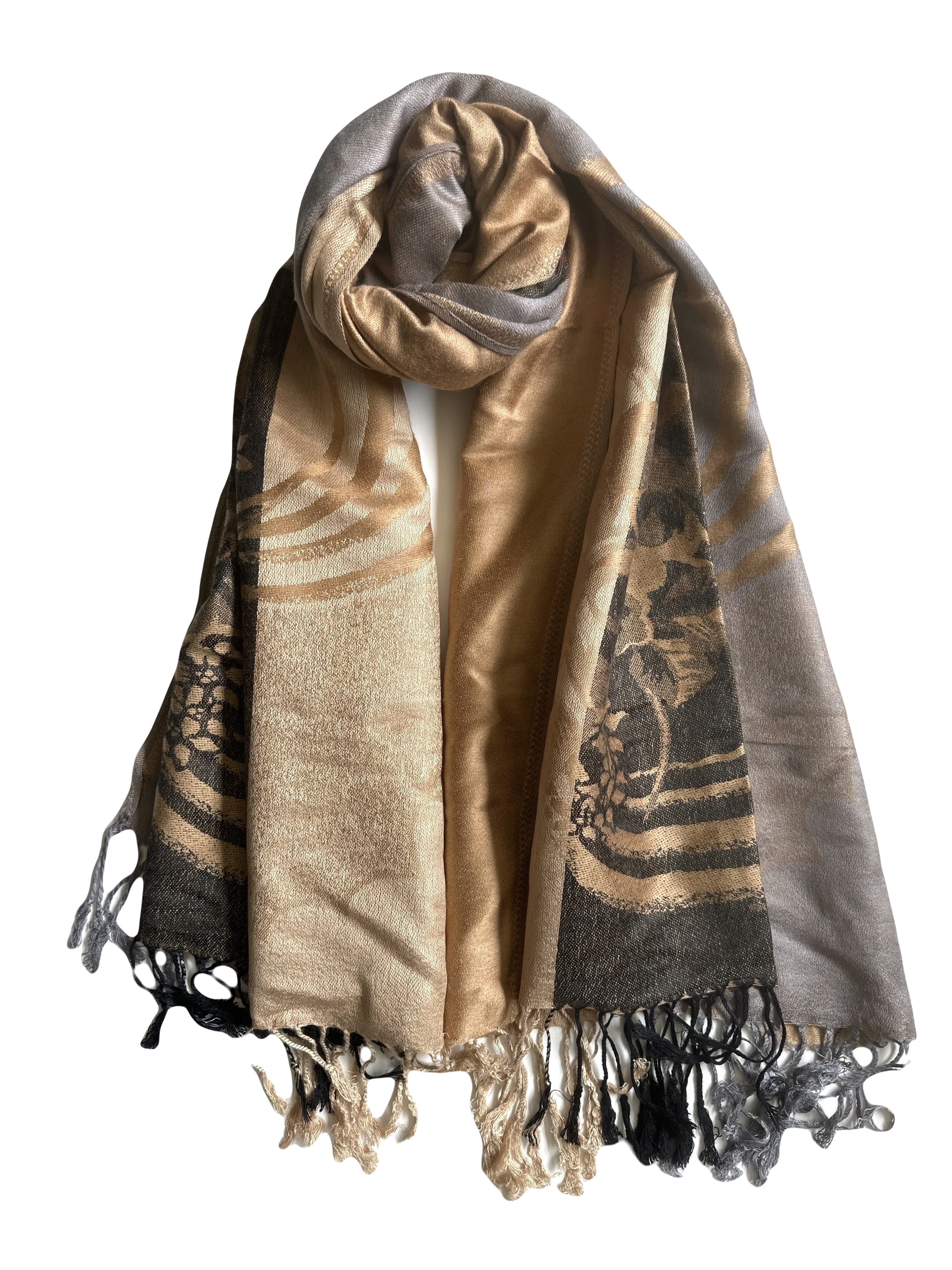 Tan Pashmina Shawl - Silver& Black Floral Swirl Patterns - Walmart.com