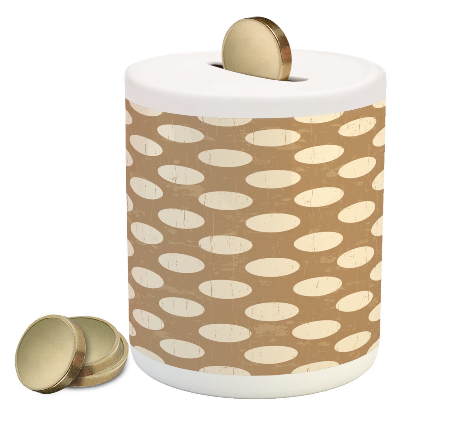 Tan Piggy Bank, Big Polka Dots on Grunge Backdrop Off White Shabby ...
