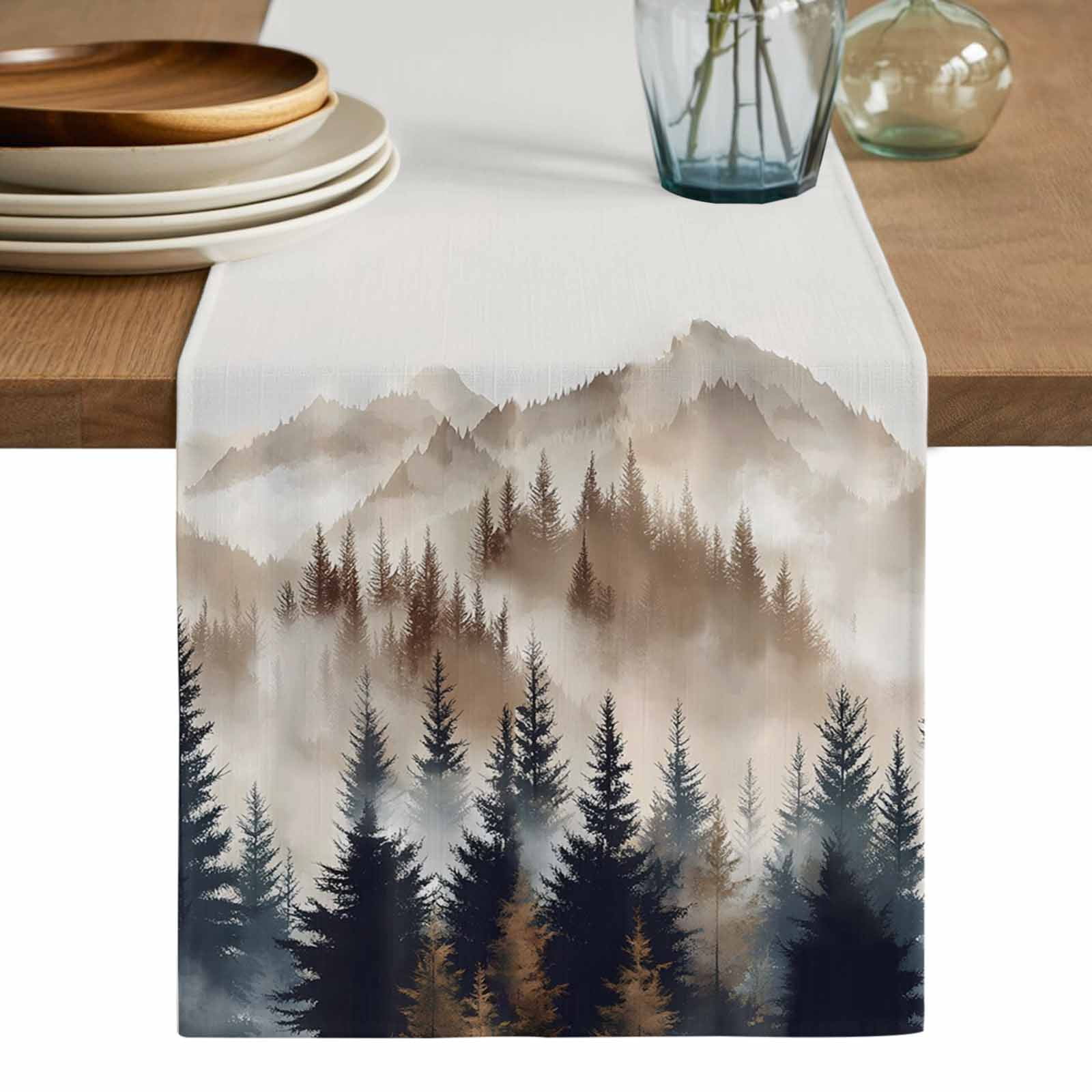 Tan Trees Forest Table Runner, Mountain Woods Natural Scenery Washable ...