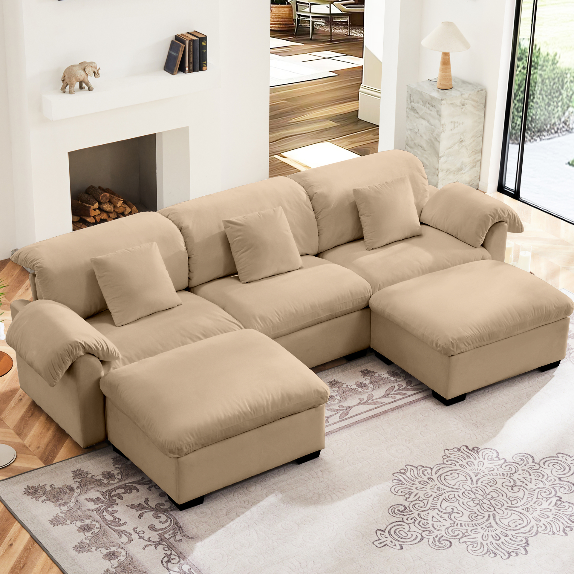 Tan Velvet With Soft And Storage, 3 U Shaped Sectional Extra Large Seat ...