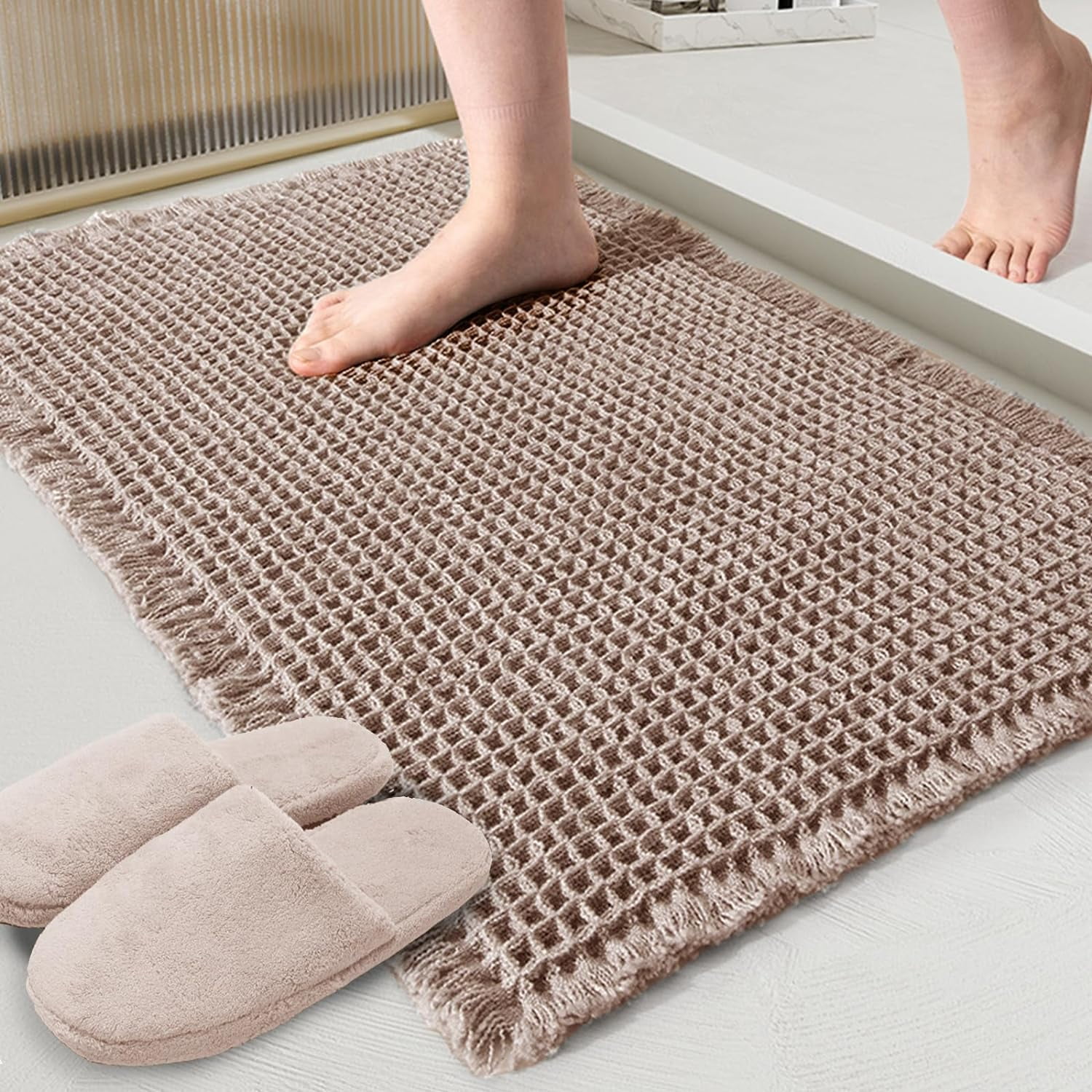Tan Waffle Bath Mat – Super Absorbent Non-Slip Bathroom Rug, Brown ...