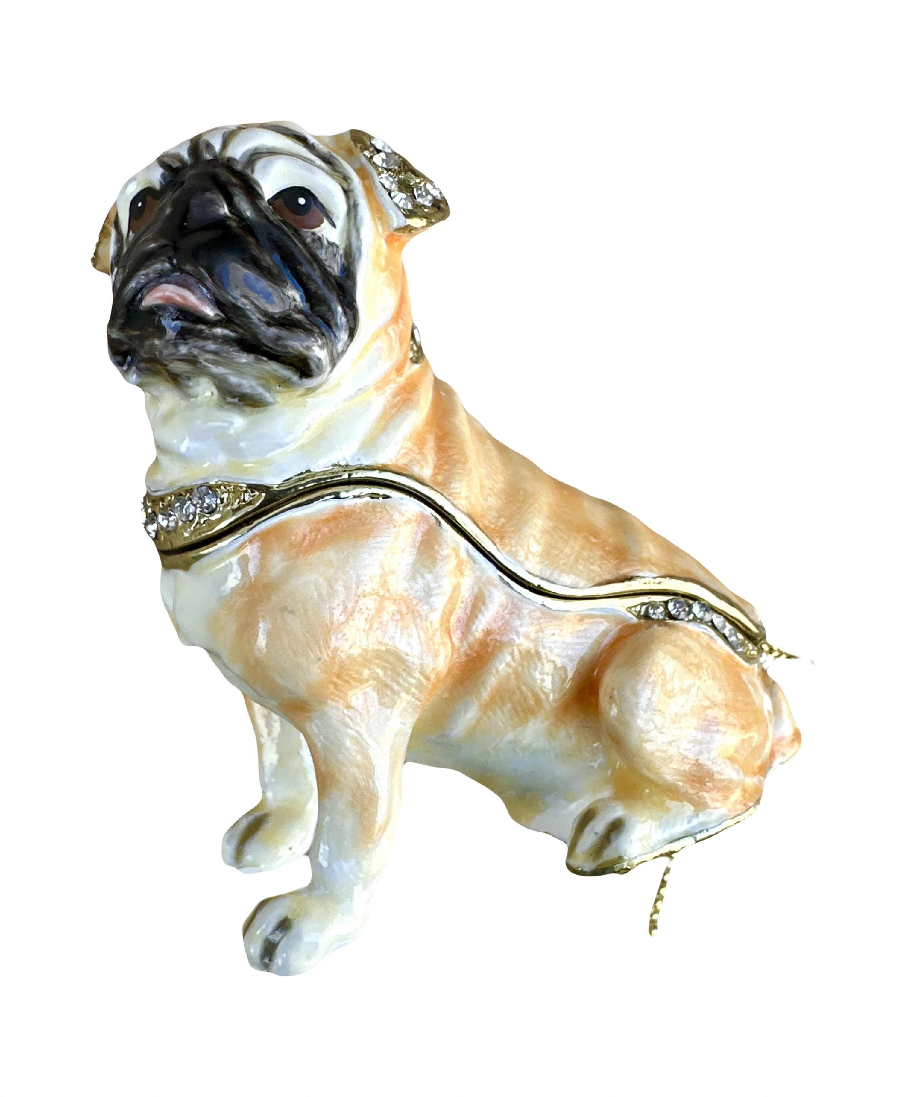 Tan and White Colored Panting Pug Enameled Figure with Secret Keepsake ...