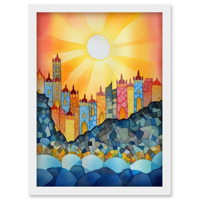 Tangier Costal Cliff Sunrise Folk Art Artwork Framed Wall Art Print A4 ...