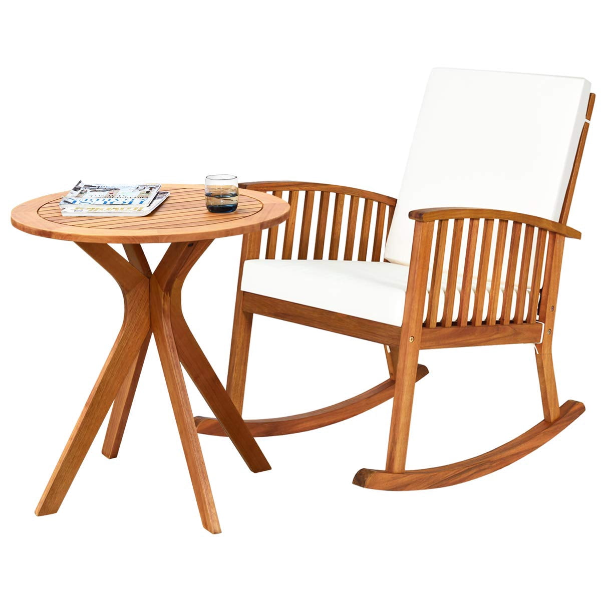 Tangkula 2 PCS Patio Bistro Set, Outdoor Acacia Wood Rocking Chair with ...