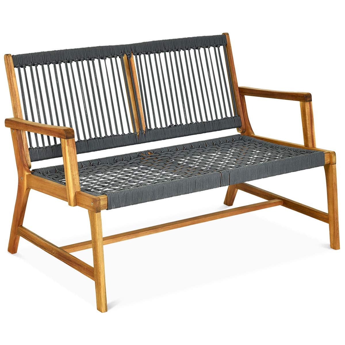 Tangkula 2-Person Patio Acacia Wood Bench Loveseat, Outdoor Patio Rope ...