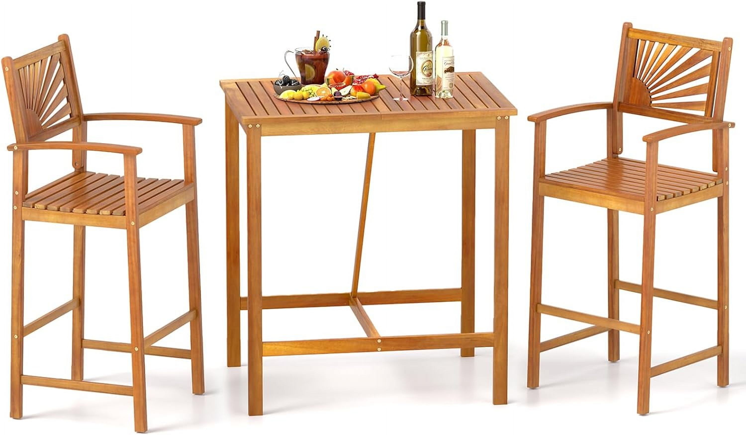 Tangkula 3 Piece Patio Bar Table & Chairs, Outdoor Acacia Wood Bar Set ...