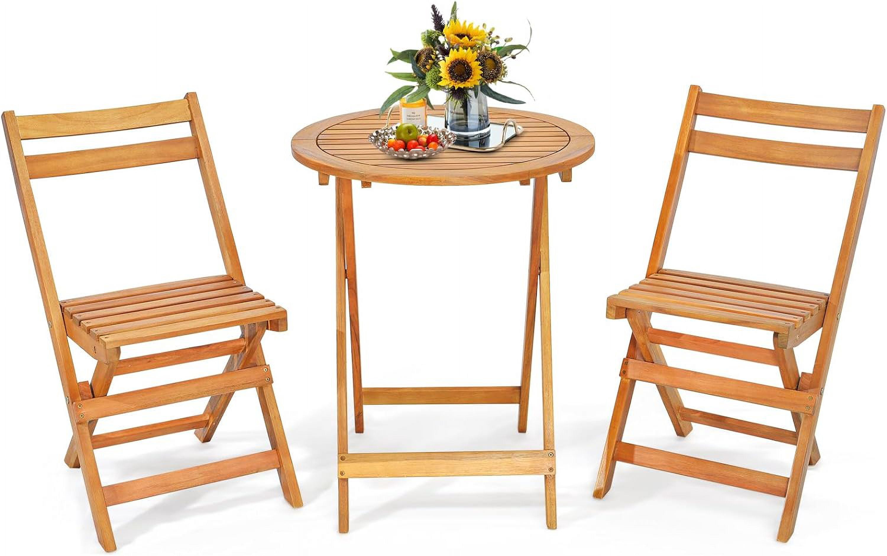 Tangkula 3 Pieces Folding Patio Bistro Set, Solid Acacia Wood Table and ...
