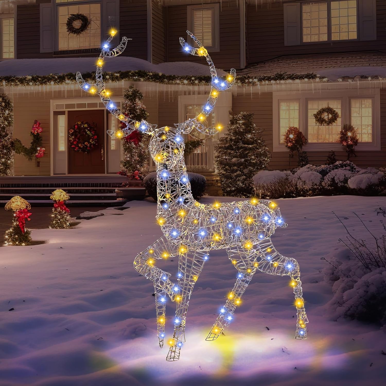 Tangkula 4.6 FT Christmas 3D Lighted Reindeer, Pre-Lit Rattan Buck with ...