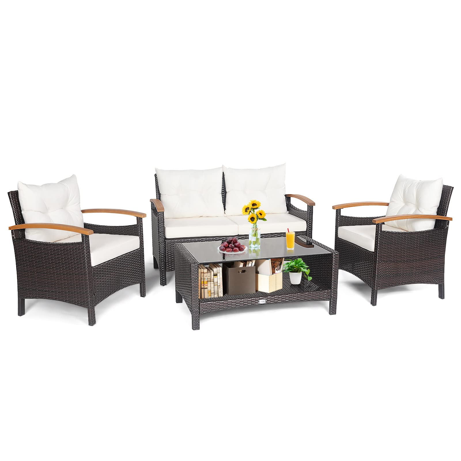 Tangkula 4 Piece Patio Rattan Conversation Set, Outdoor Wicker Sofa Set ...