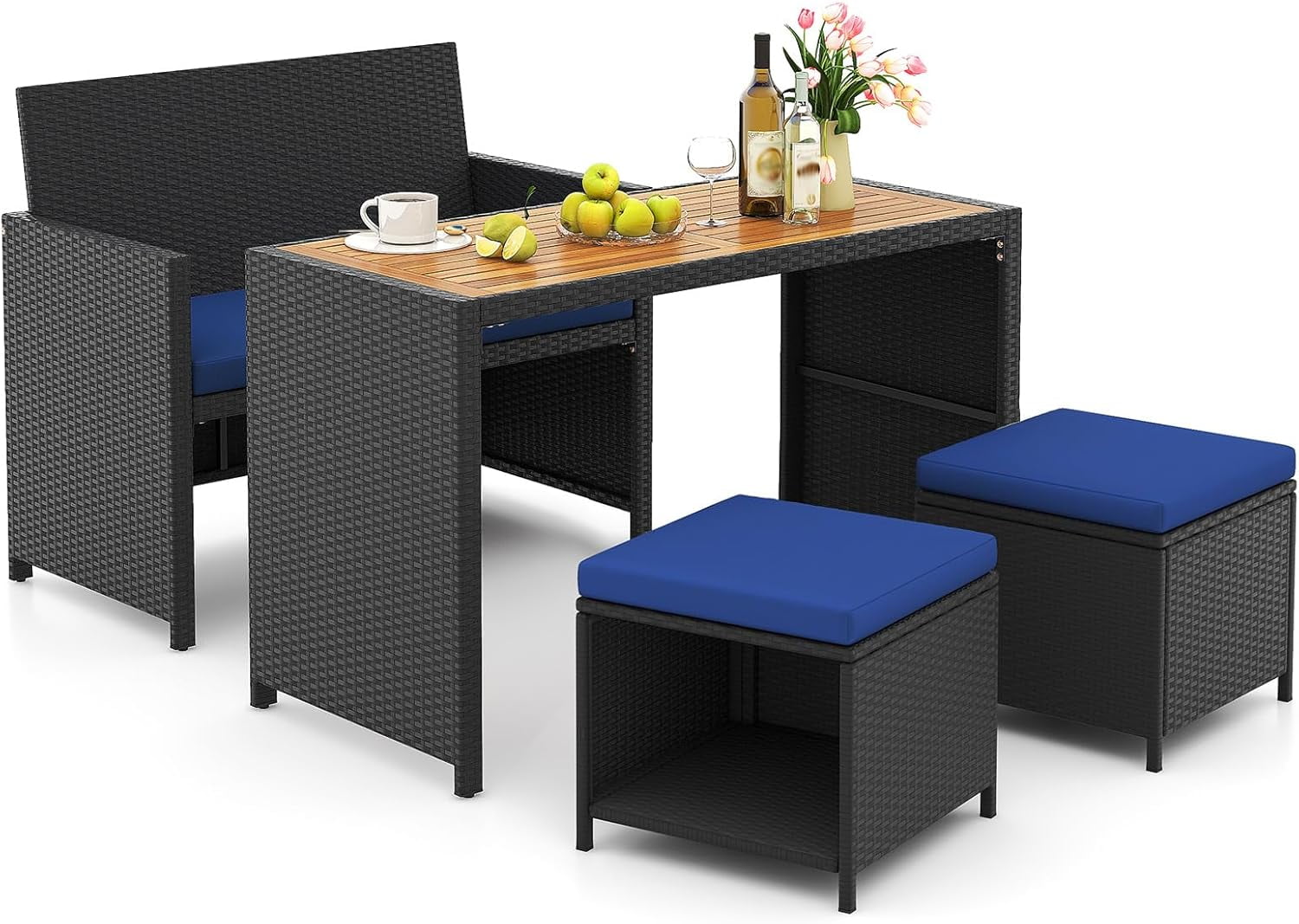 Tangkula 4 Pieces Patio Dining Set, Space Saving PE Rattan Loveseat ...