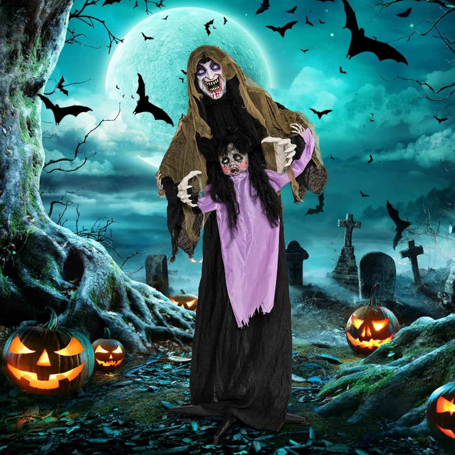 Tangkula 5.6 FT Halloween Animated Vampire with Creepy Doll, LED Eyes ...
