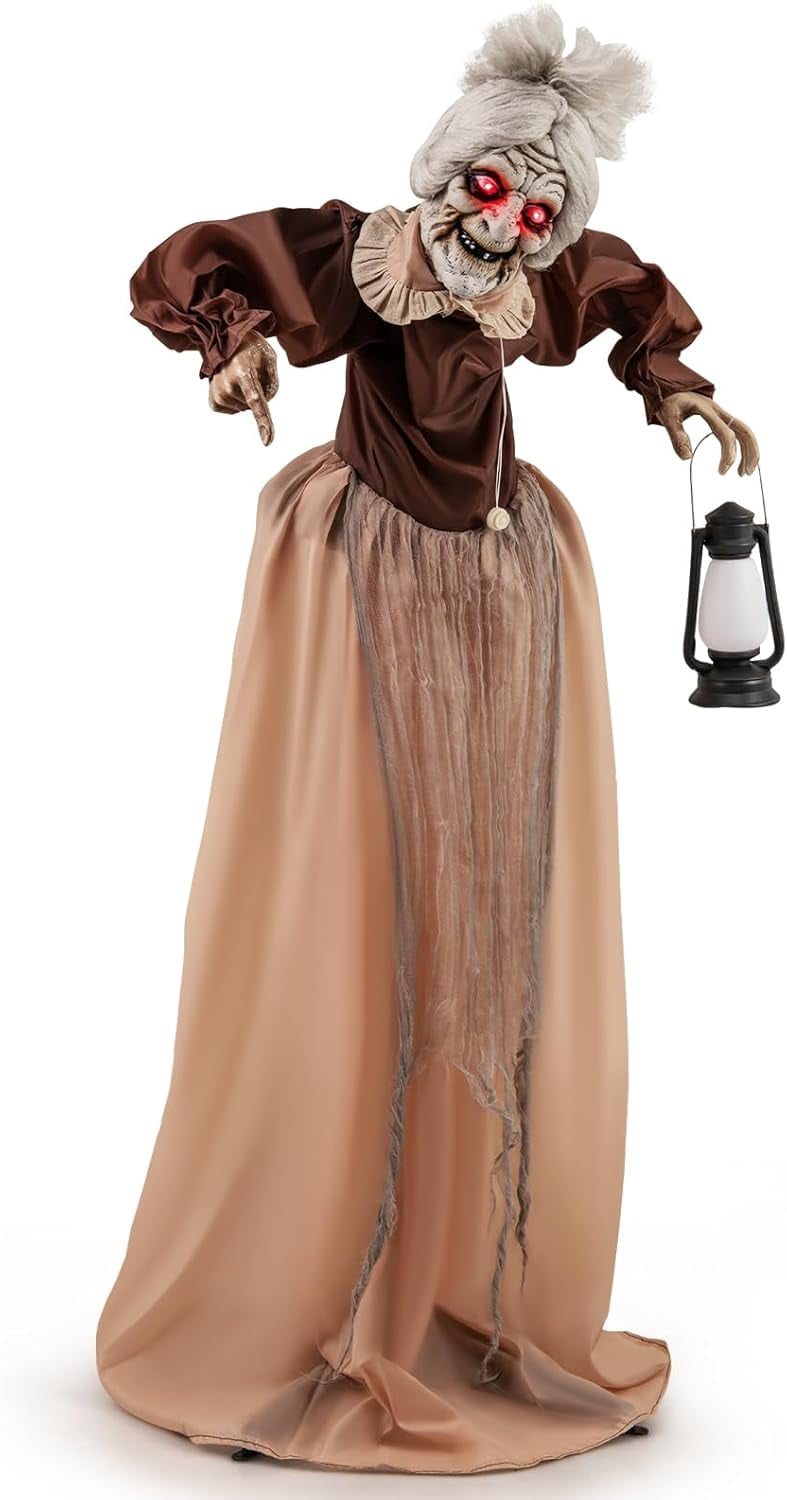 Tangkula 5 FT Halloween Standing Animated Old Lady Holding Lantern ...