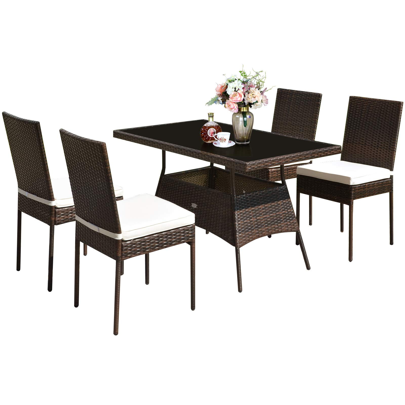 Tangkula 5 Piece Patio Wicker Dining Set, Outdoor Rattan Table and ...