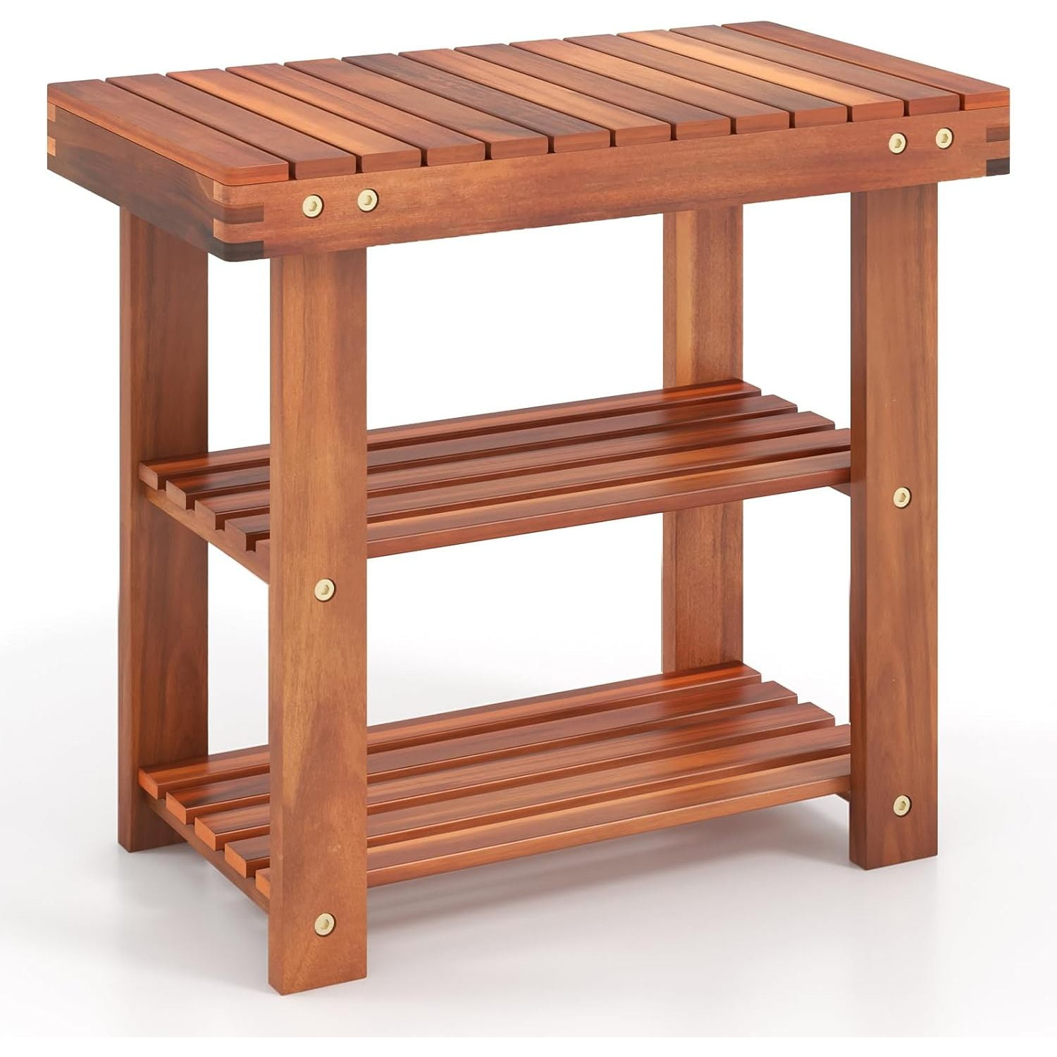 Tangkula Acacia Wood Shoe Rack Bench, 3 Tier Sturdy Shoe Bench, Storage ...