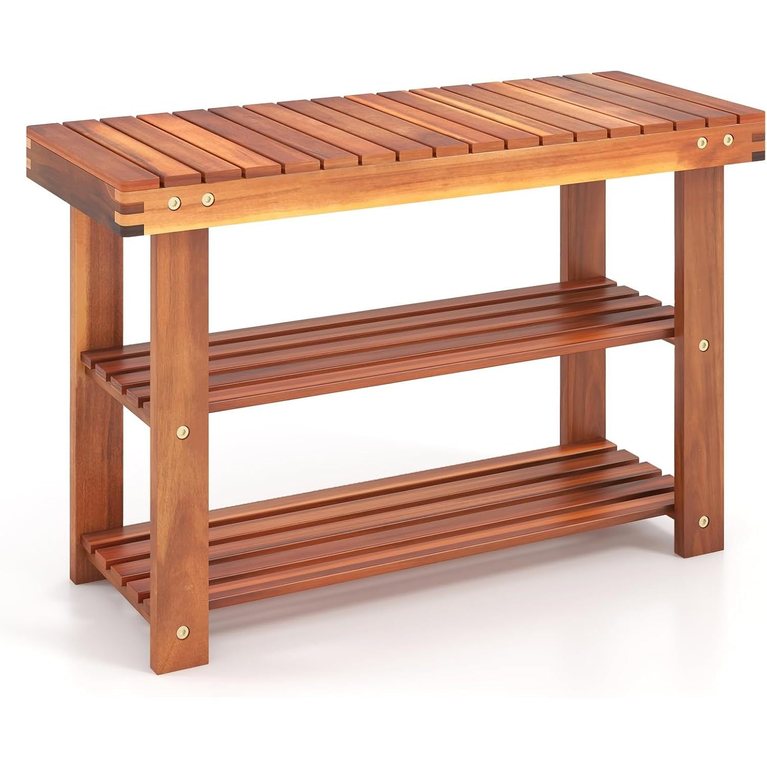 Tangkula Acacia Wood Shoe Rack Bench, 3 Tier Sturdy Shoe Bench, Storage ...