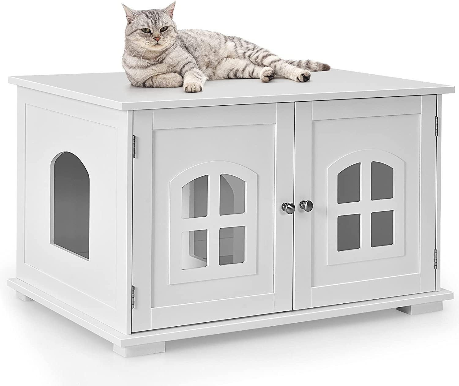 Tangkula Cat Litter Box Enclosure, Nightstand Cat House w/Double Doors ...