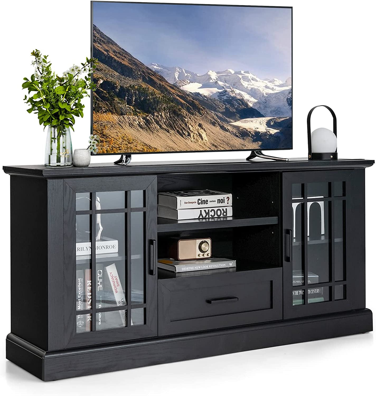 Tangkula Farmhouse TV Stand for TV up to 70 Inch, Tall Media Console Table w/2 Glass Doors ...