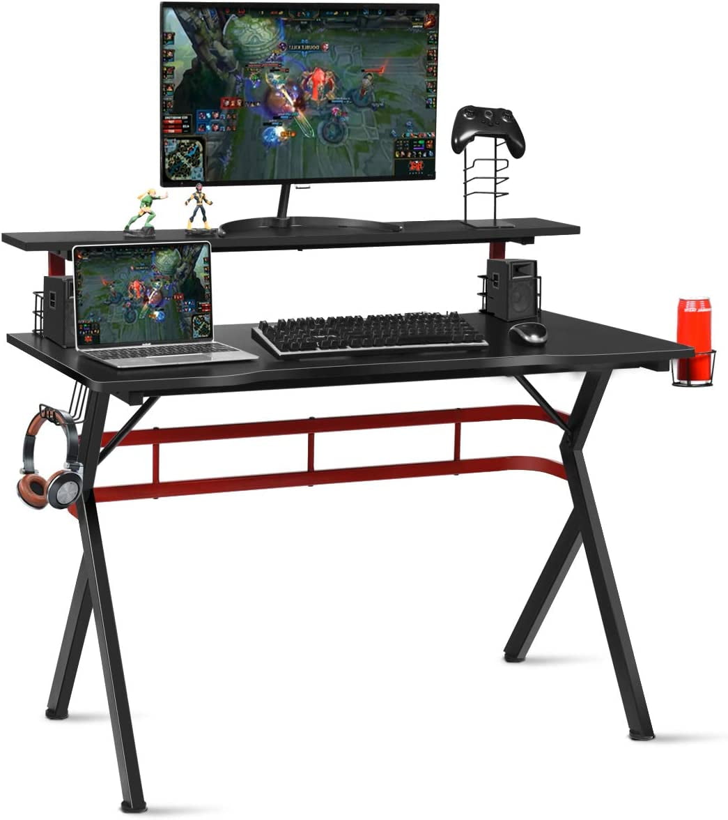 Tangkula Gaming Desk, Professional Gamer Workstation with Cup Holder ...