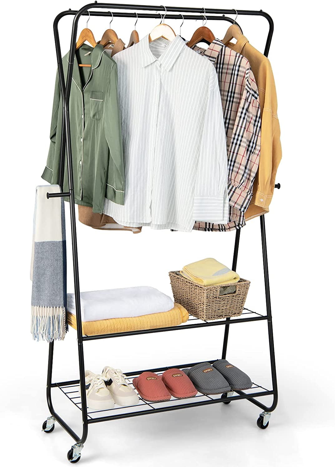 Tangkula Heavy Duty Clothes Rack with Shelves, Double Rod Rolling Garment Rack on Wheels with 4 ...