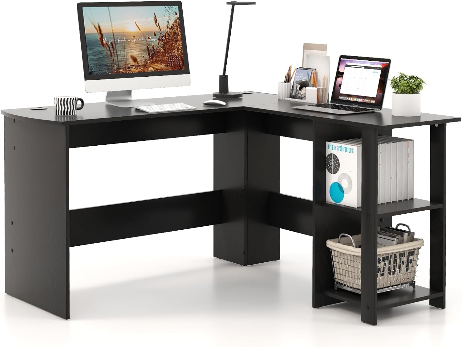 Tangkula L-Shaped Desk, Corner Computer Desk w/ 2-Tier Open Bookshelves ...