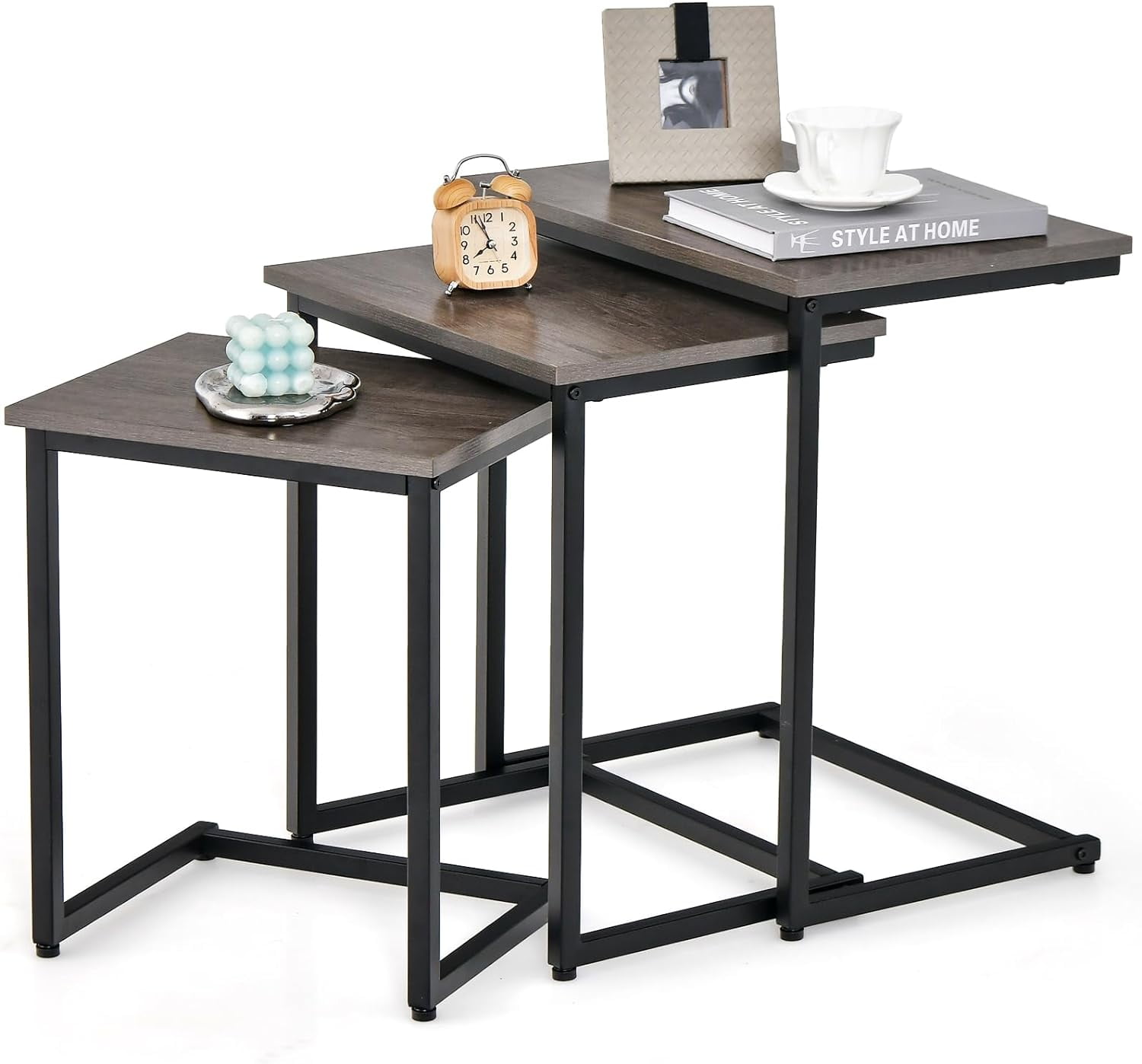 Tangkula Nesting Table Set of 3, Rectangle Stacking Side End Table w/Wood Top & Metal Legs ...
