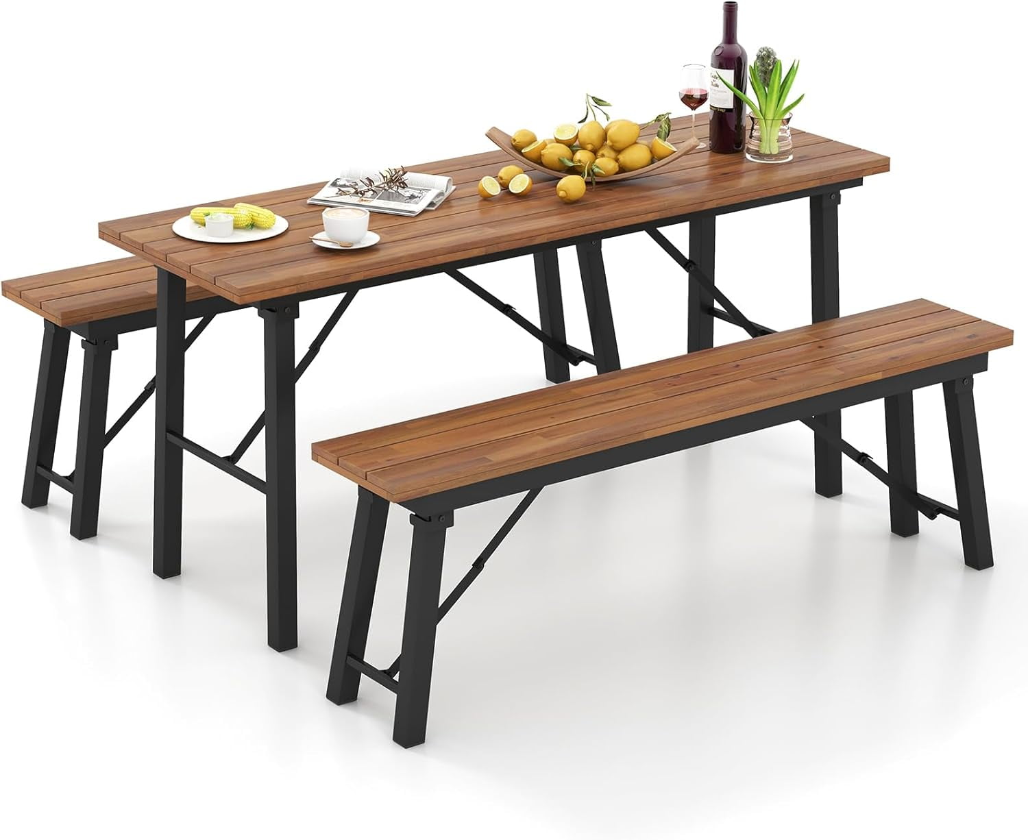 Tangkula Outdoor Dining Table With Benches for 4-6 Persons, No Assembly ...