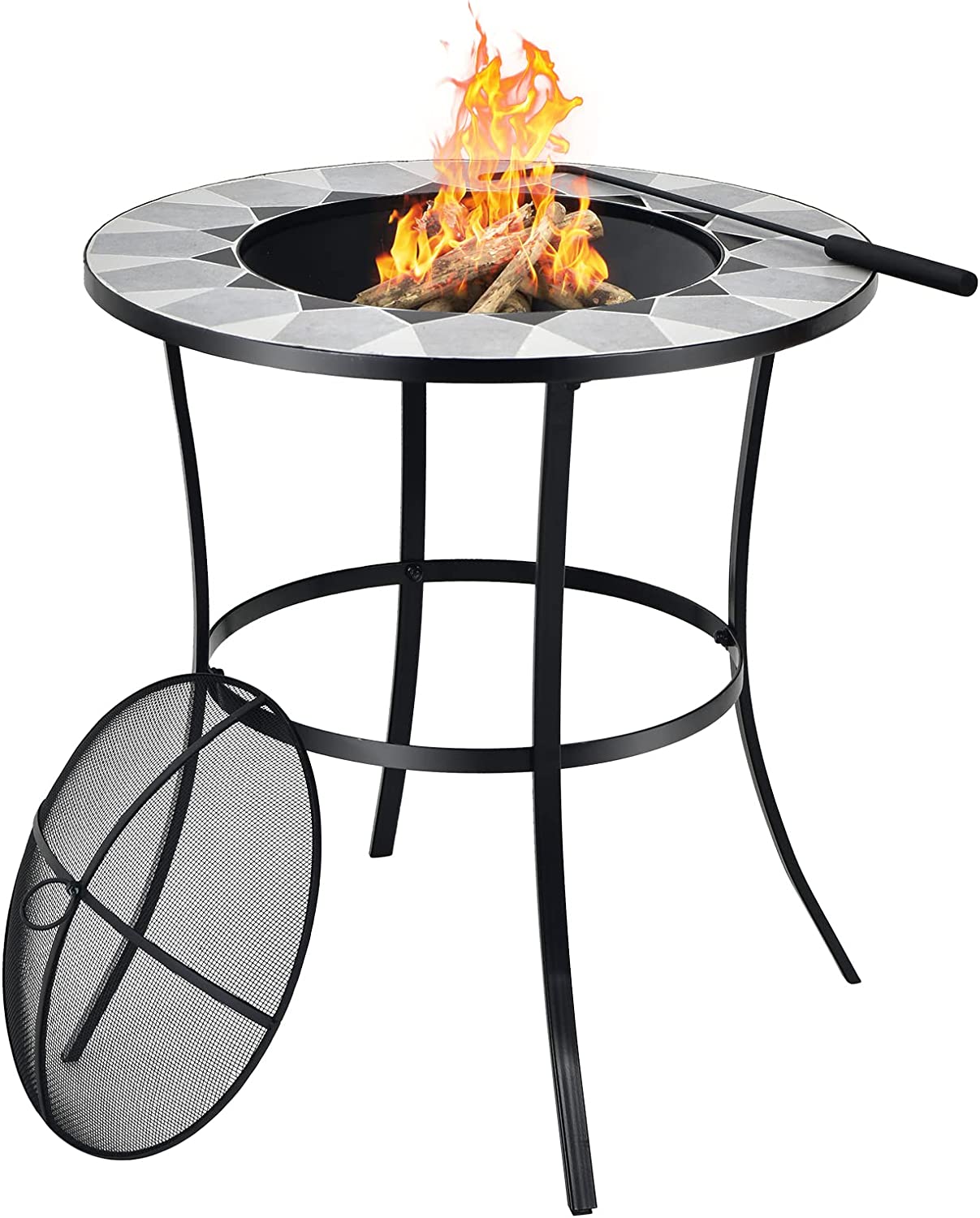 Tangkula Outdoor Fire Pit Table with Tile Tabletop, Small Round Steel ...