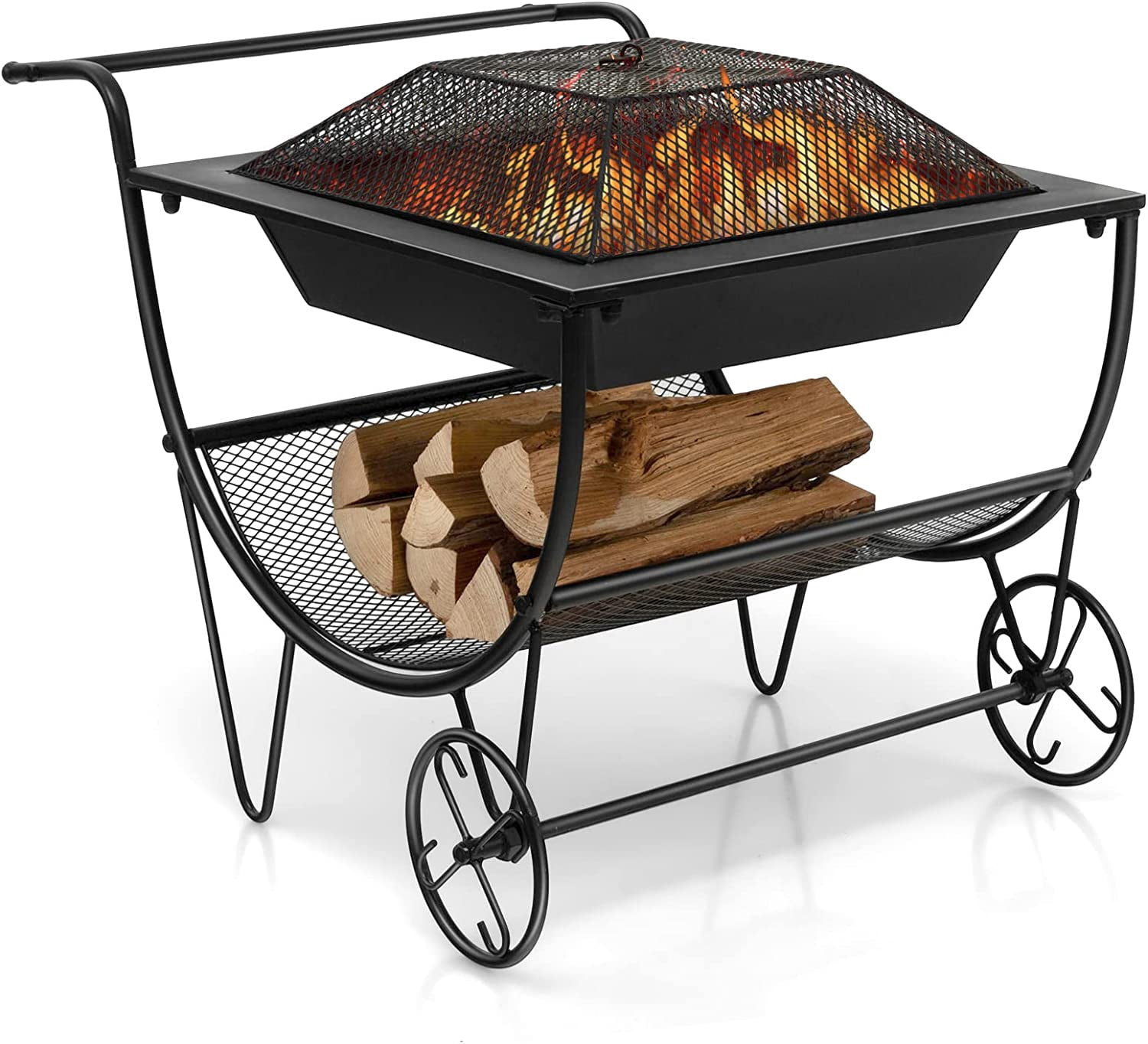 Tangkula Outdoor Fire Pit with Wheels and Firewood Log Rack, Patio Wood ...