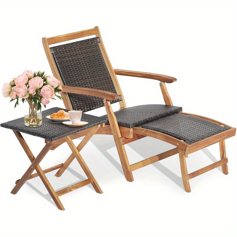 Tangkula Patio Lounge Chair and Side Table Set Acacia Wood Wicker ...