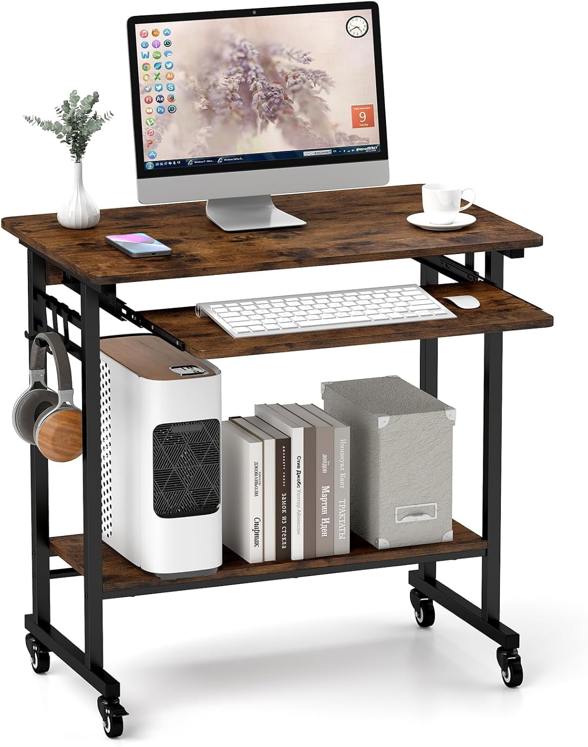 Tangkula Rolling Computer Desk Cart with Keyboard Tray, Mobile Portable ...
