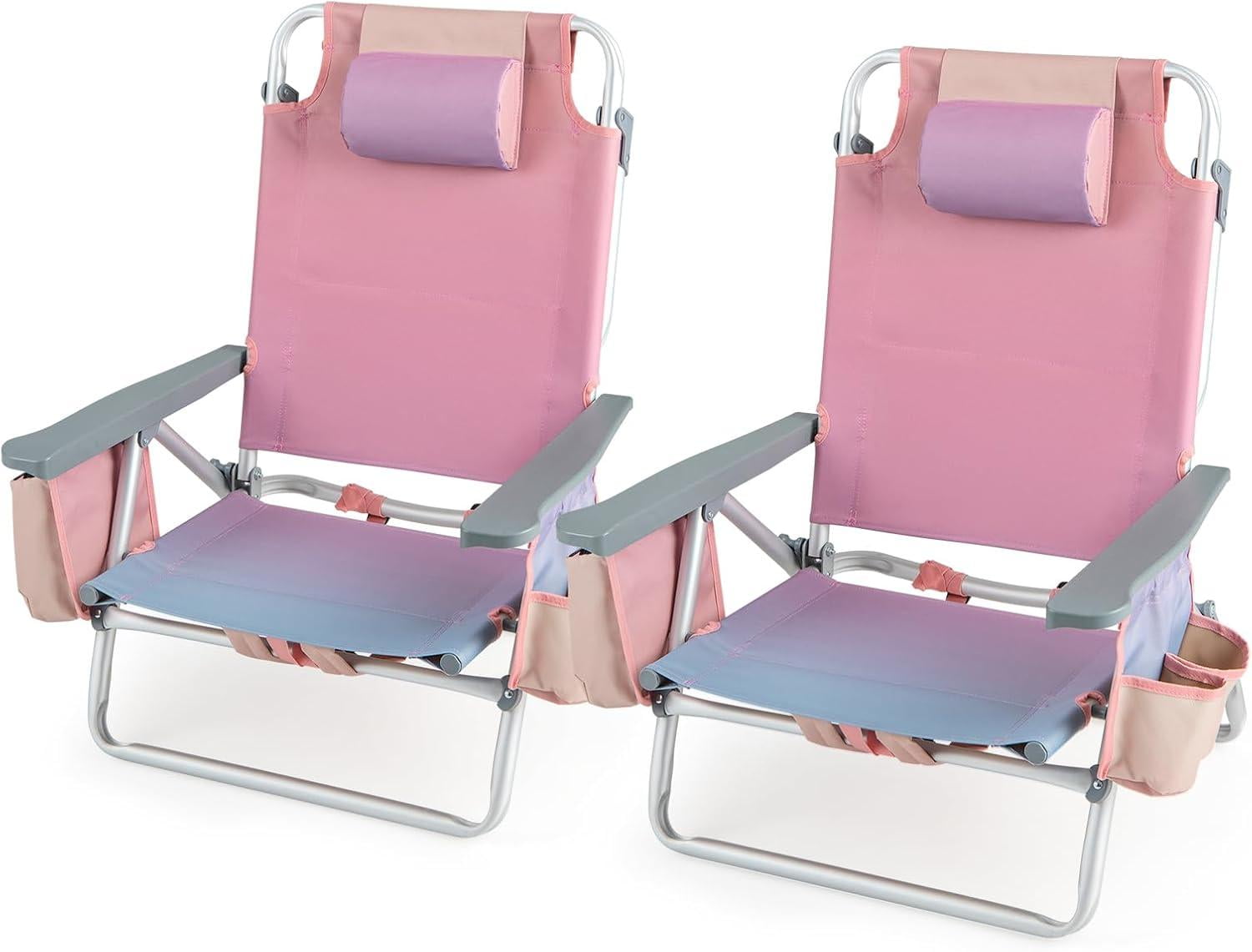 Tangkula Set of 2 Backpack Beach Chair, 5-Position Lay Flat Beach ...