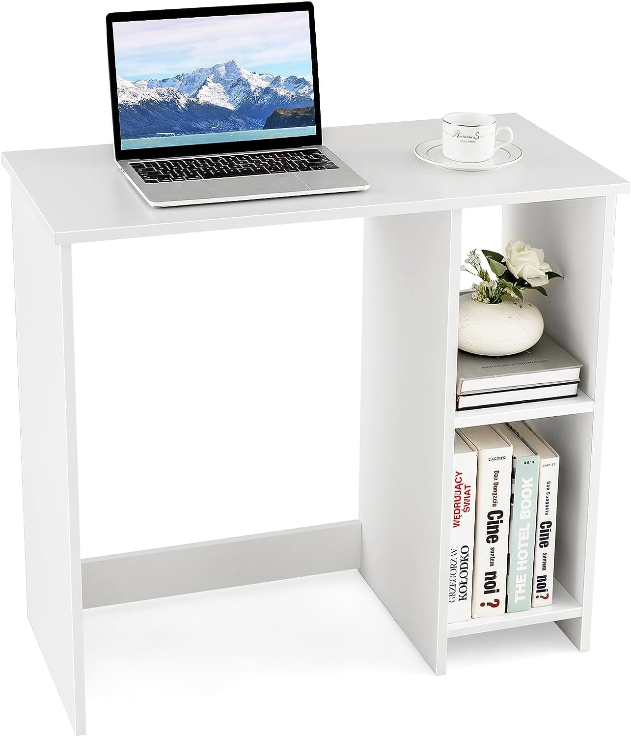 Tangkula Small White Desk with Shelves, Compact Small Desk for Small ...