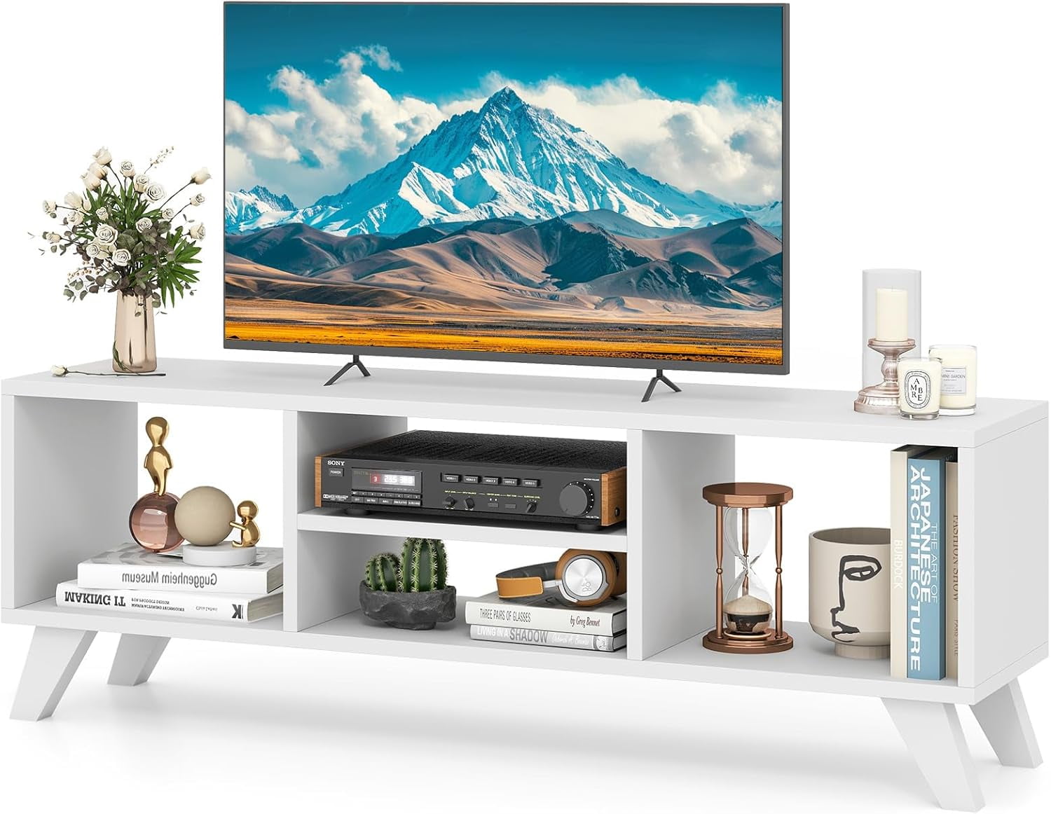 Tangkula White TV Stand for 55 Inch TVs, Modern TV Console Table with 4 ...