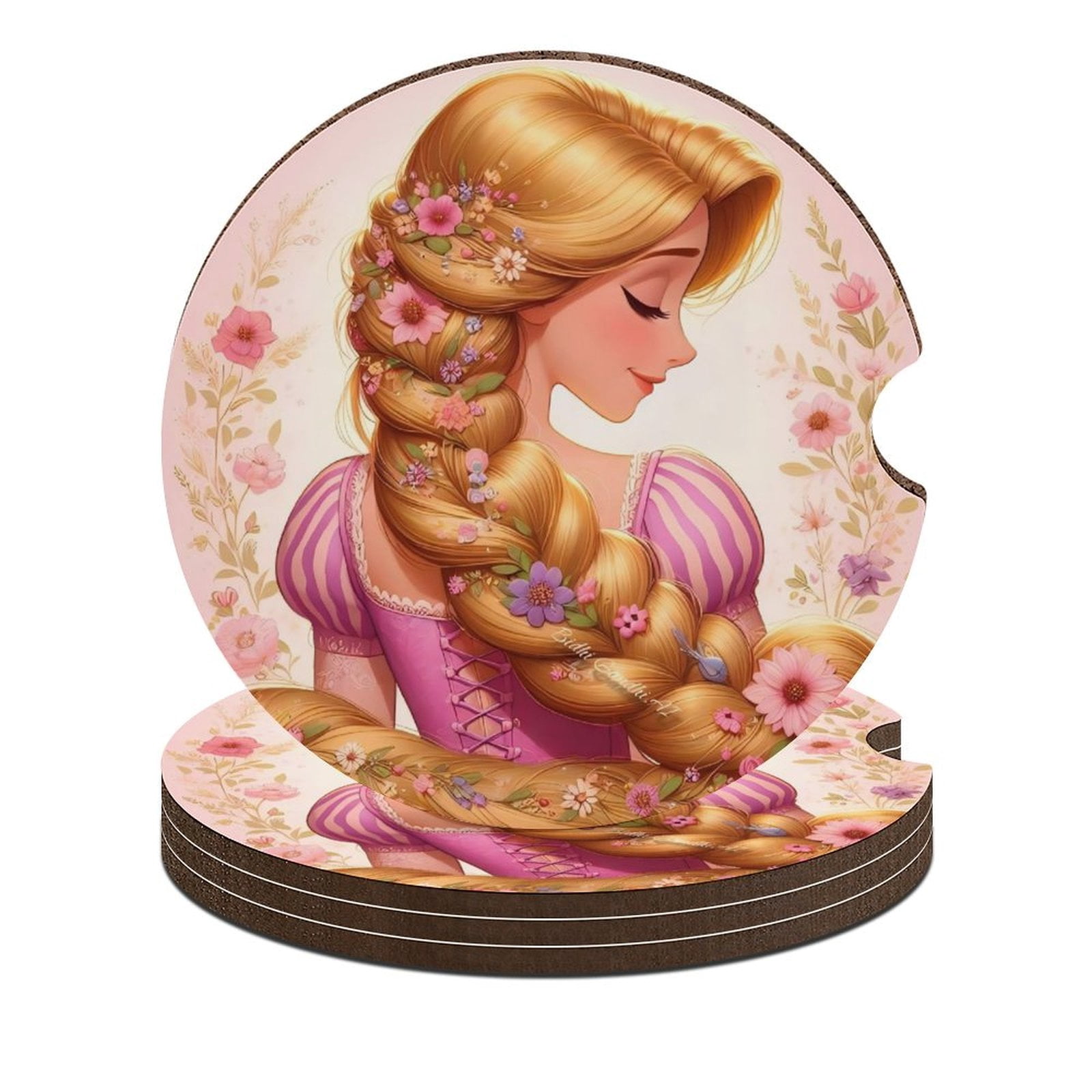 Tangled Rapunzel Cartoon car coaster with finger notches and cork base ...