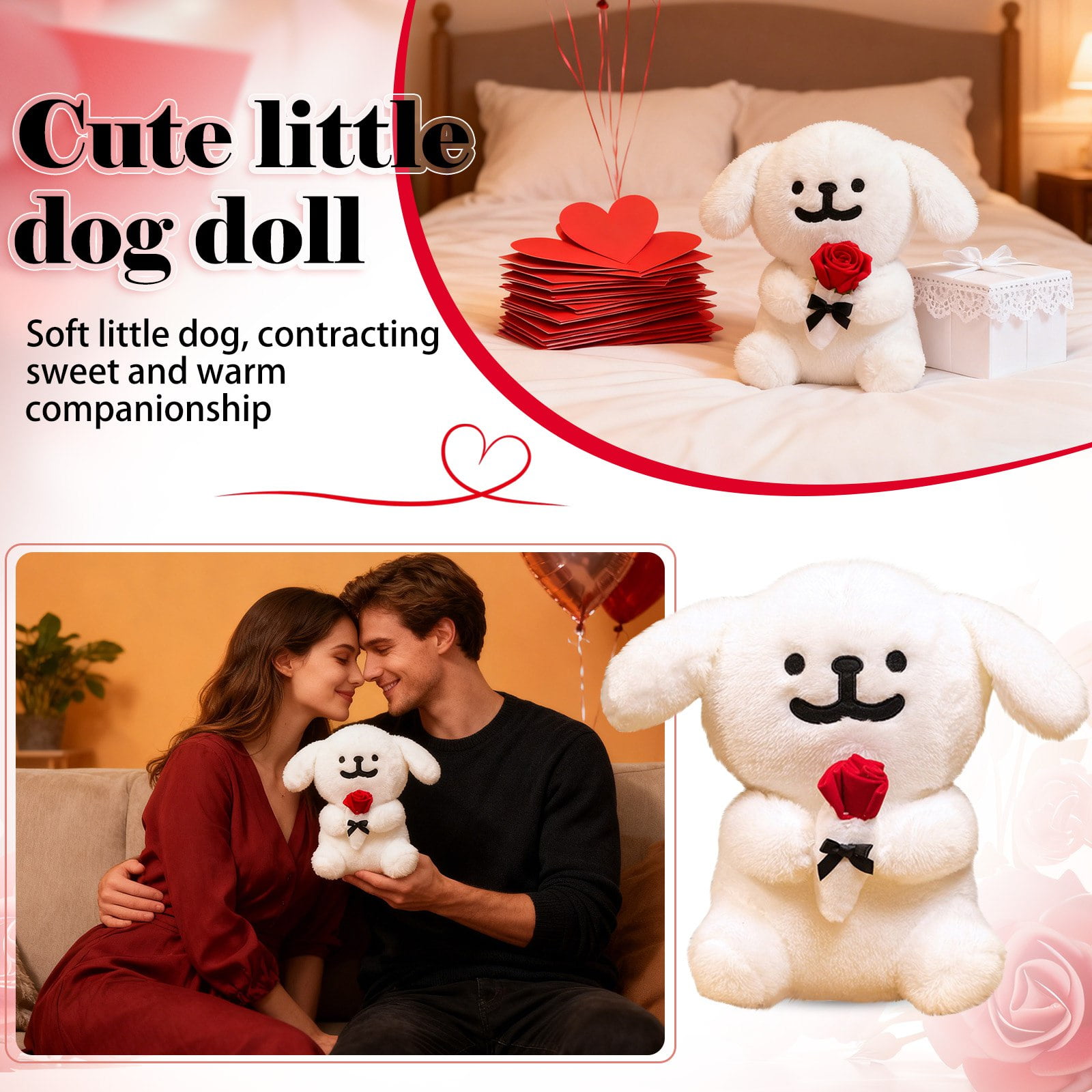 Tanglewen Rose Dog Toy,Valentines Plush,Cute White Plush Dog Holding a ...