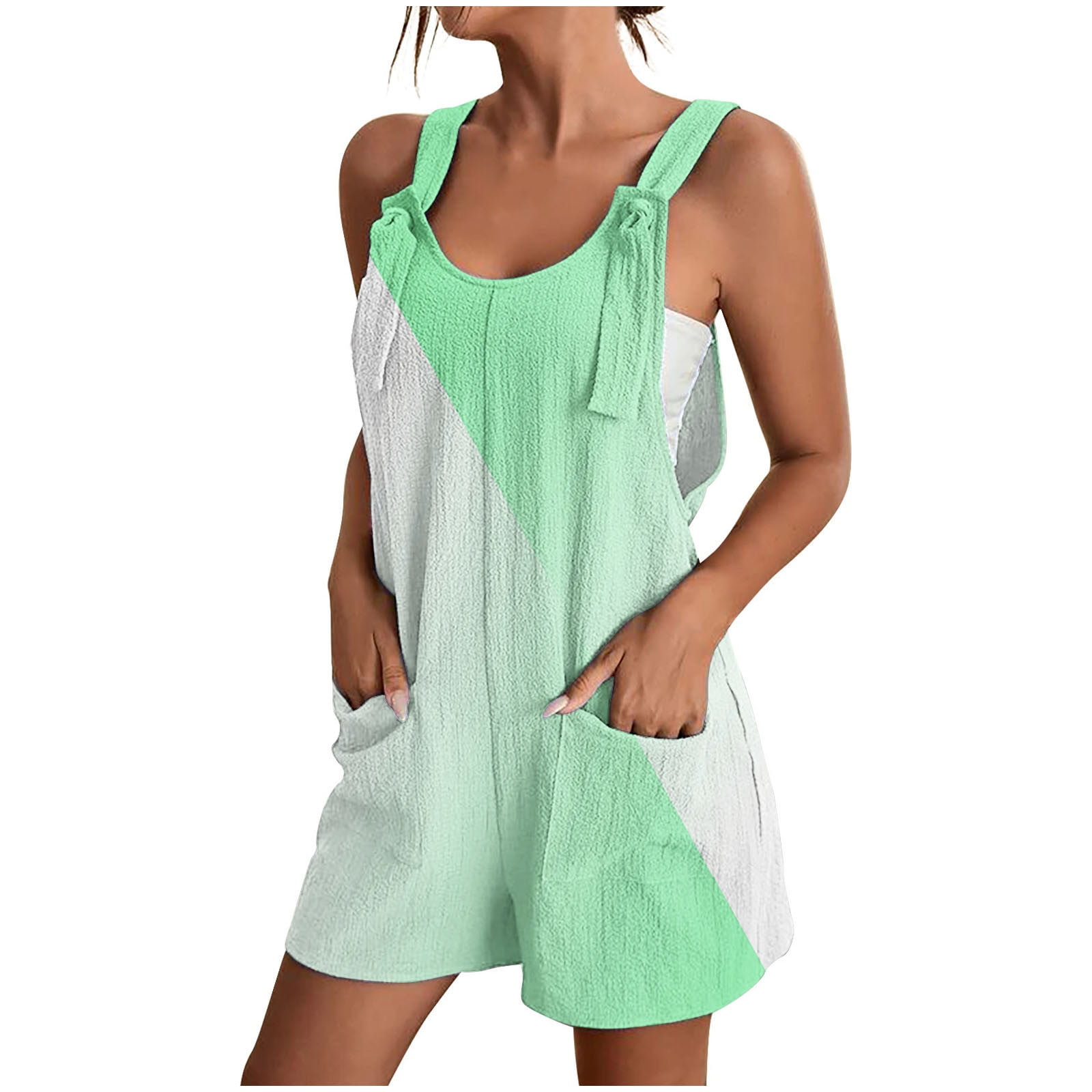 Tank Top Romper for Women Summer Tie Knot Shoulder Color Block Short ...