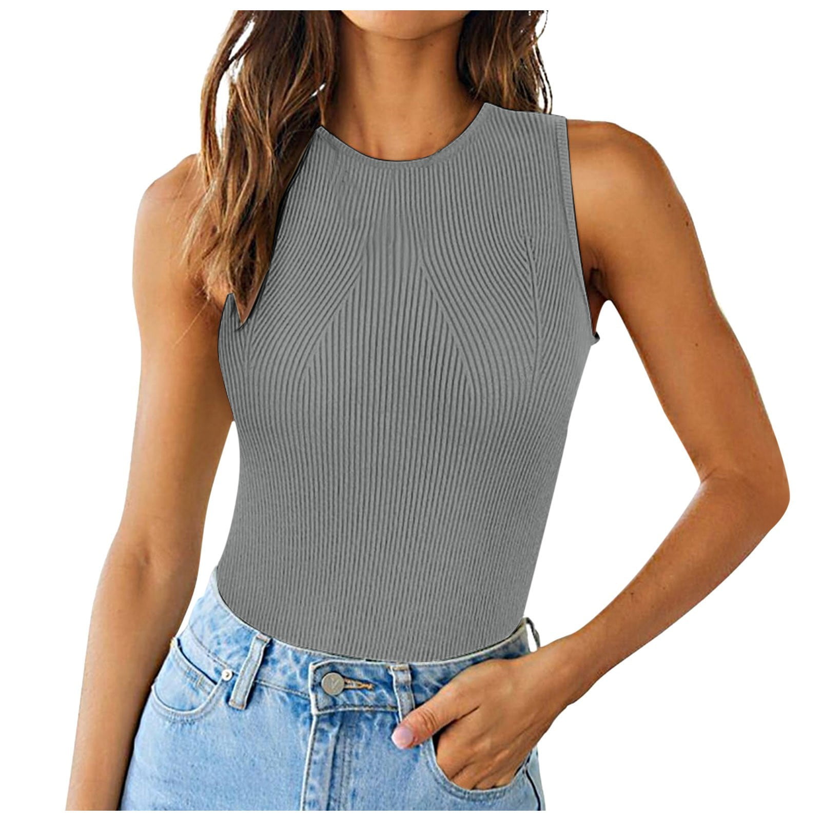 Tank Top Women's Ribbed Vest Turtleneck Sleeveless Basic Shirt Fitted ...