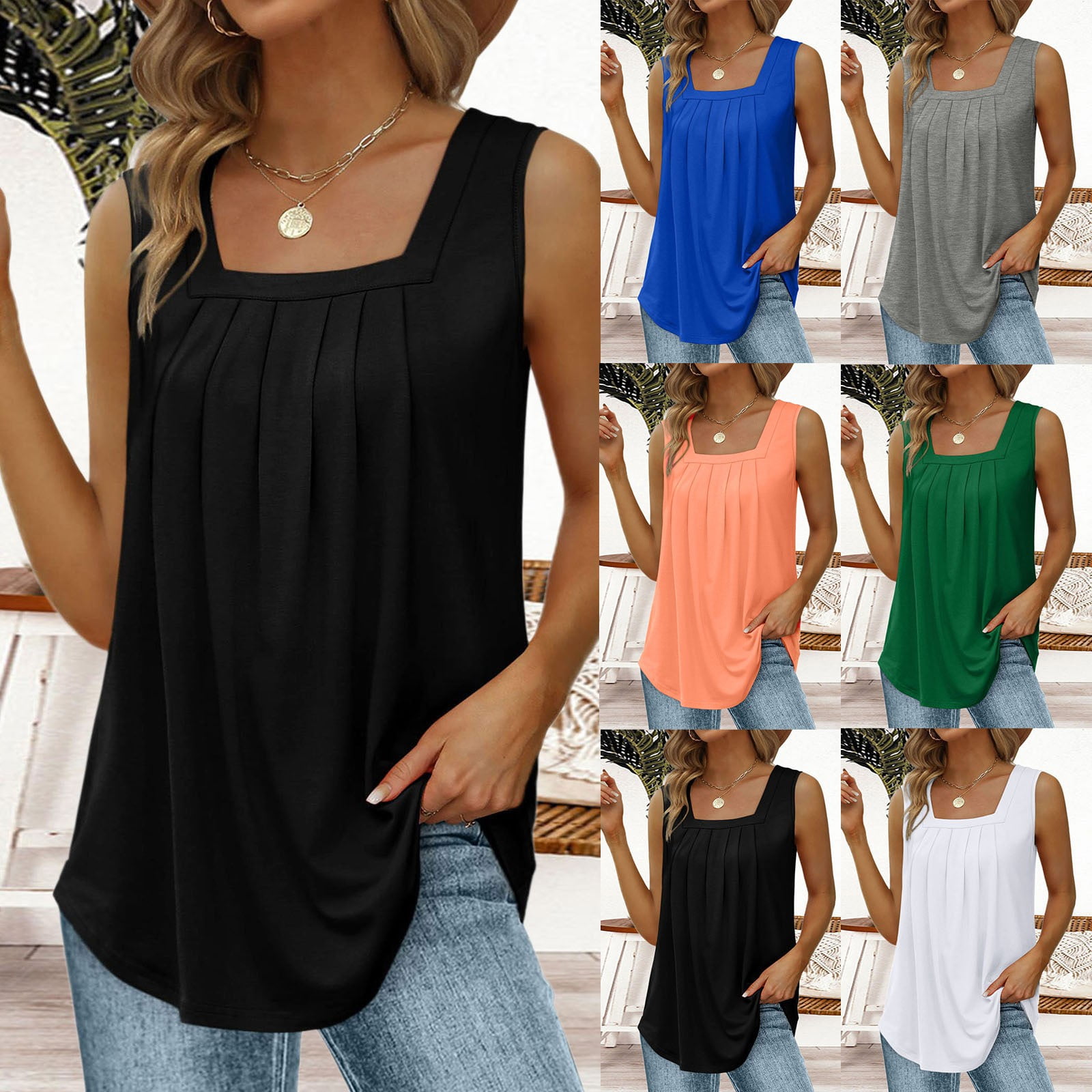 Tank Top for Women Loose Pleated Square Neck Sleeveless Ruffles Wide ...