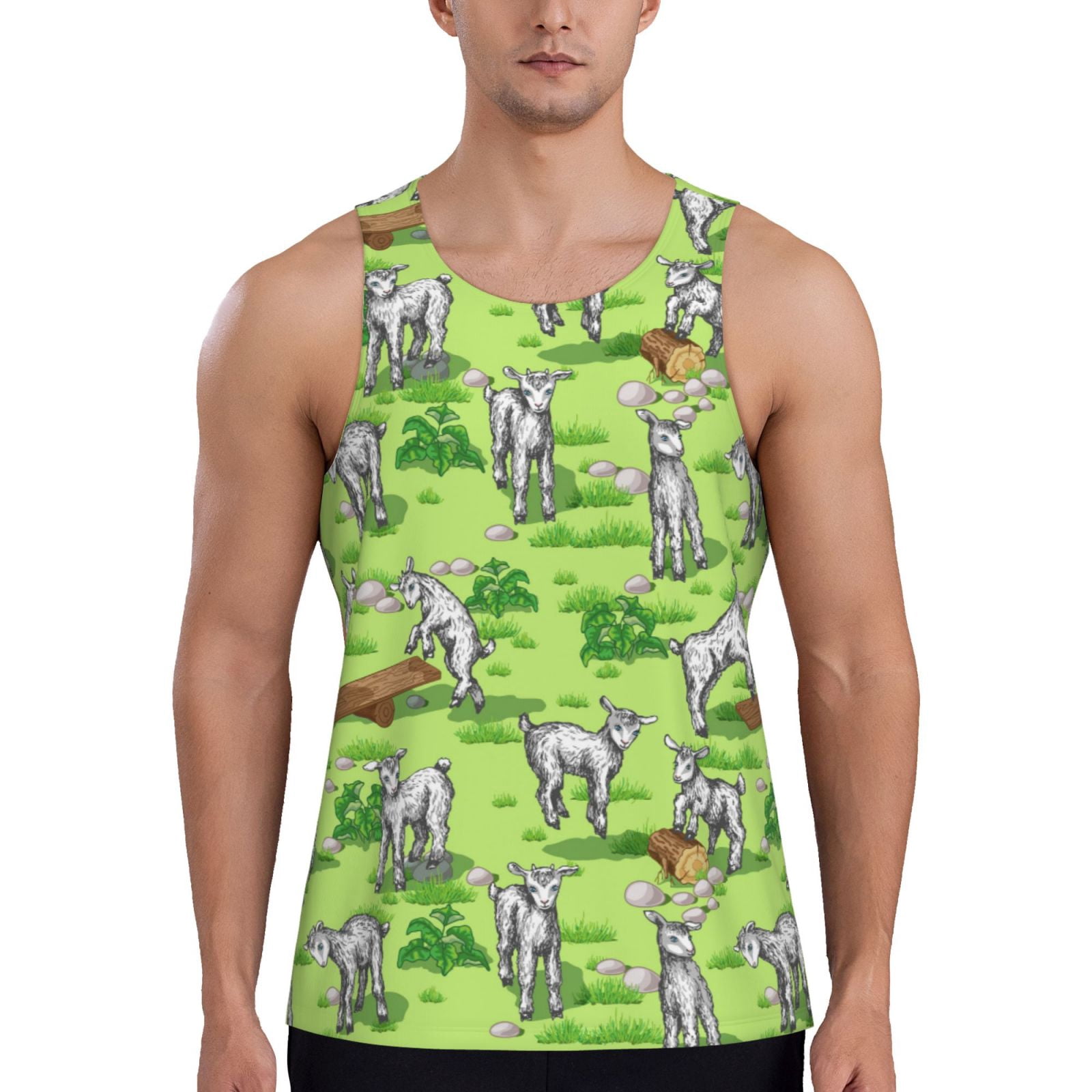 Tank Tops Men, Cartoon Cute Goat In Meadow Gym Sports Workout Mens Tank ...