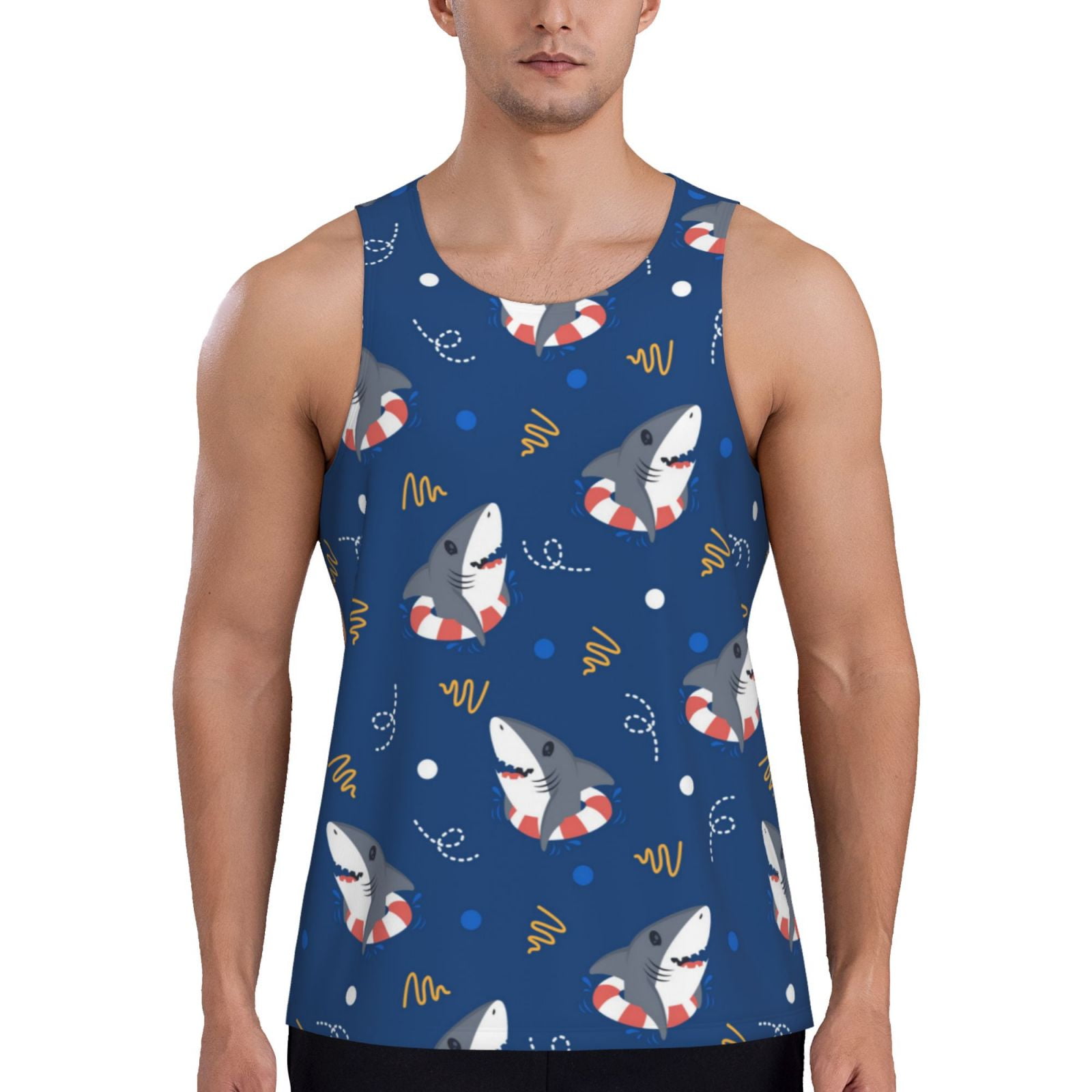 Tank Tops Men, Cartoon Cute Shark Swim Ring Gym Sports Workout Mens ...