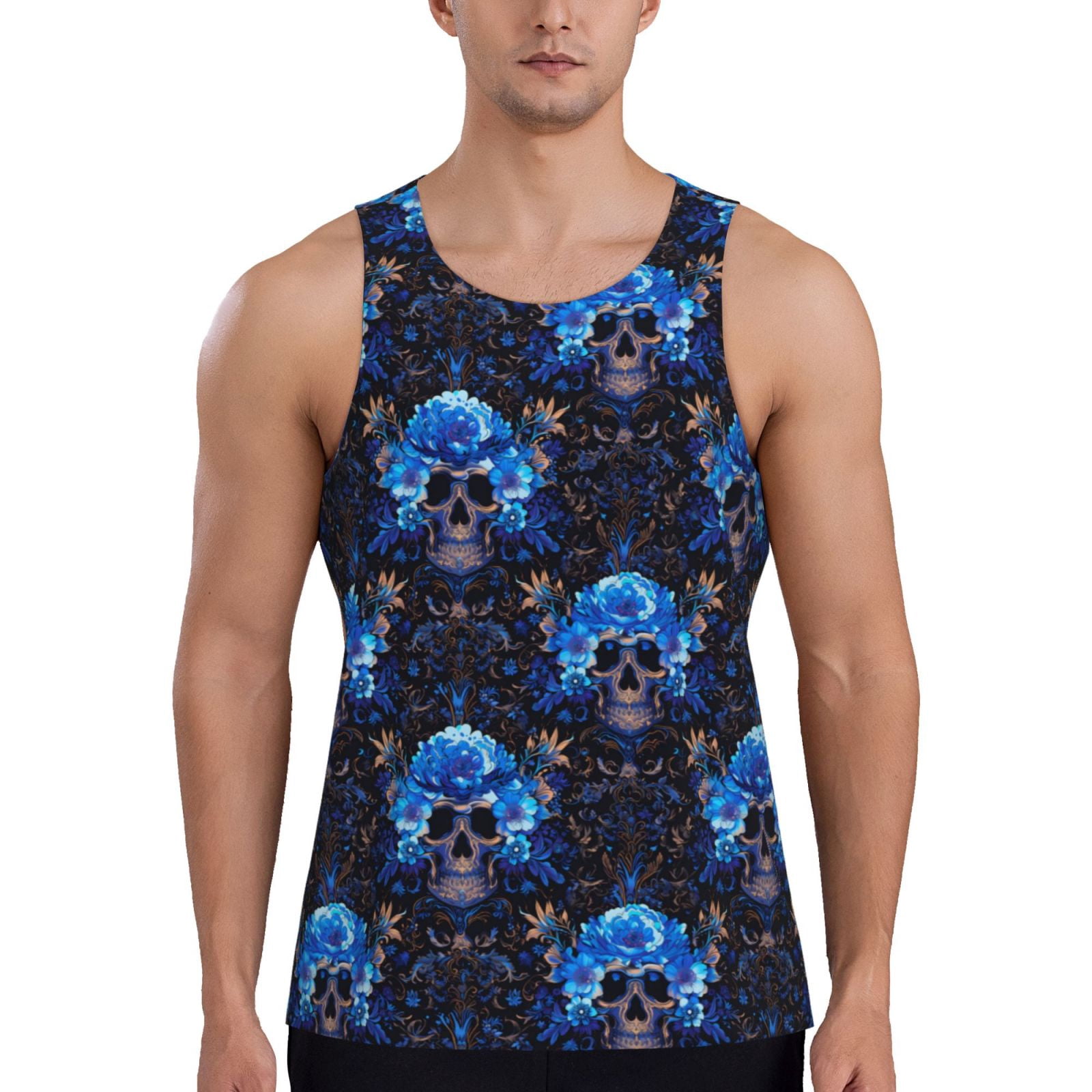 Tank Tops Men, Cool Blue Flower Skull Gym Sports Workout Mens Tank Top ...