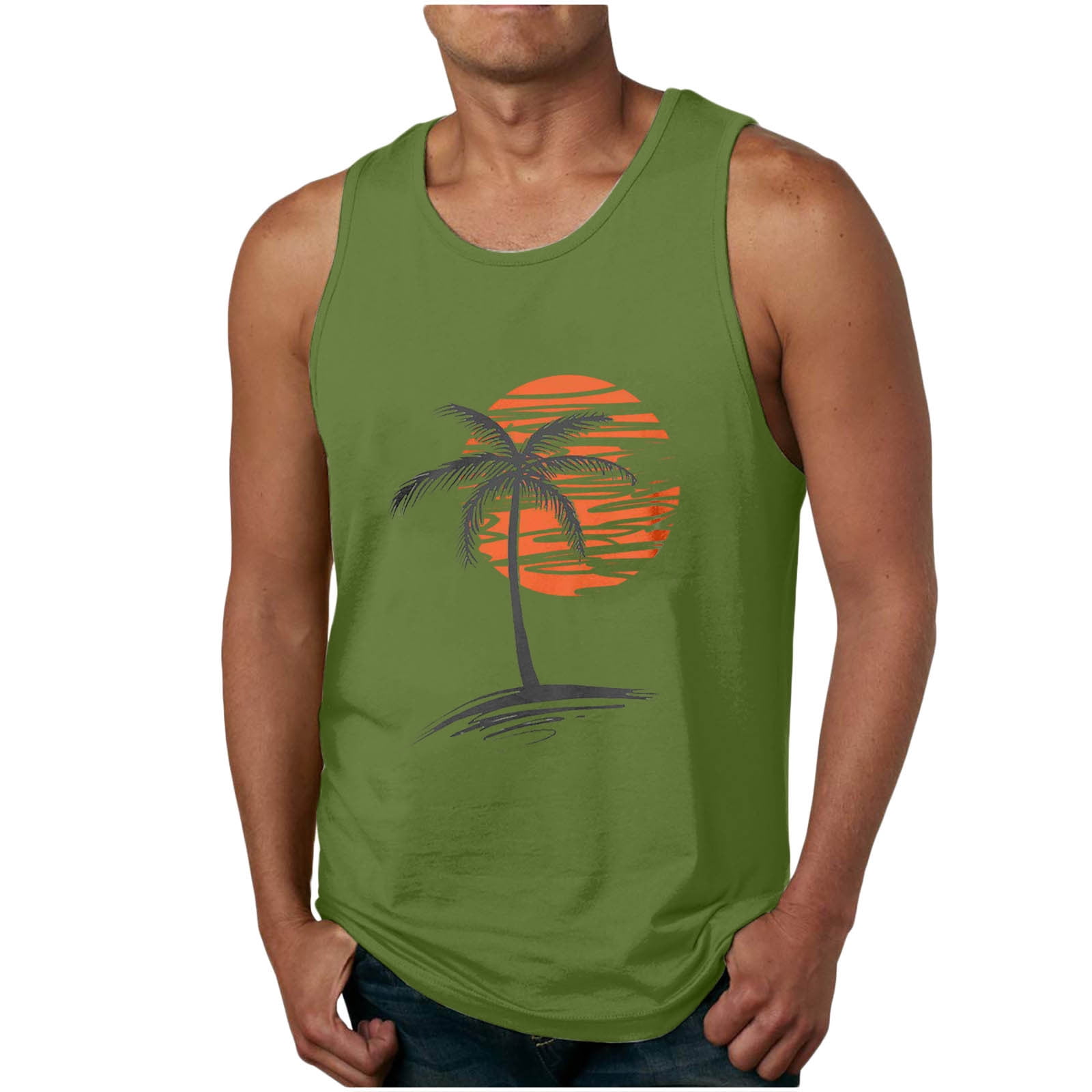 Tank Tops Men Summer Savings Sopatenor Men Casual Round Neck Sports Fitness Sunset Print