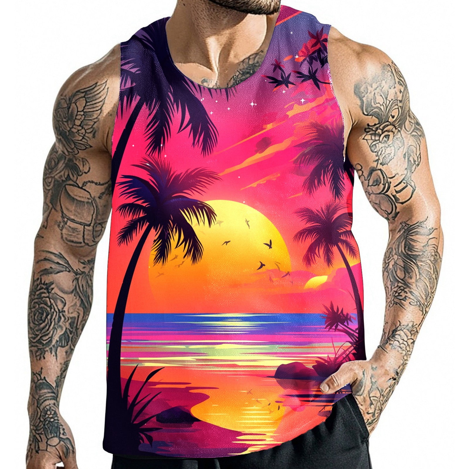 Tank Tops for Men Casual Loose Fit Printed Beach Summer Fall Versatile ...