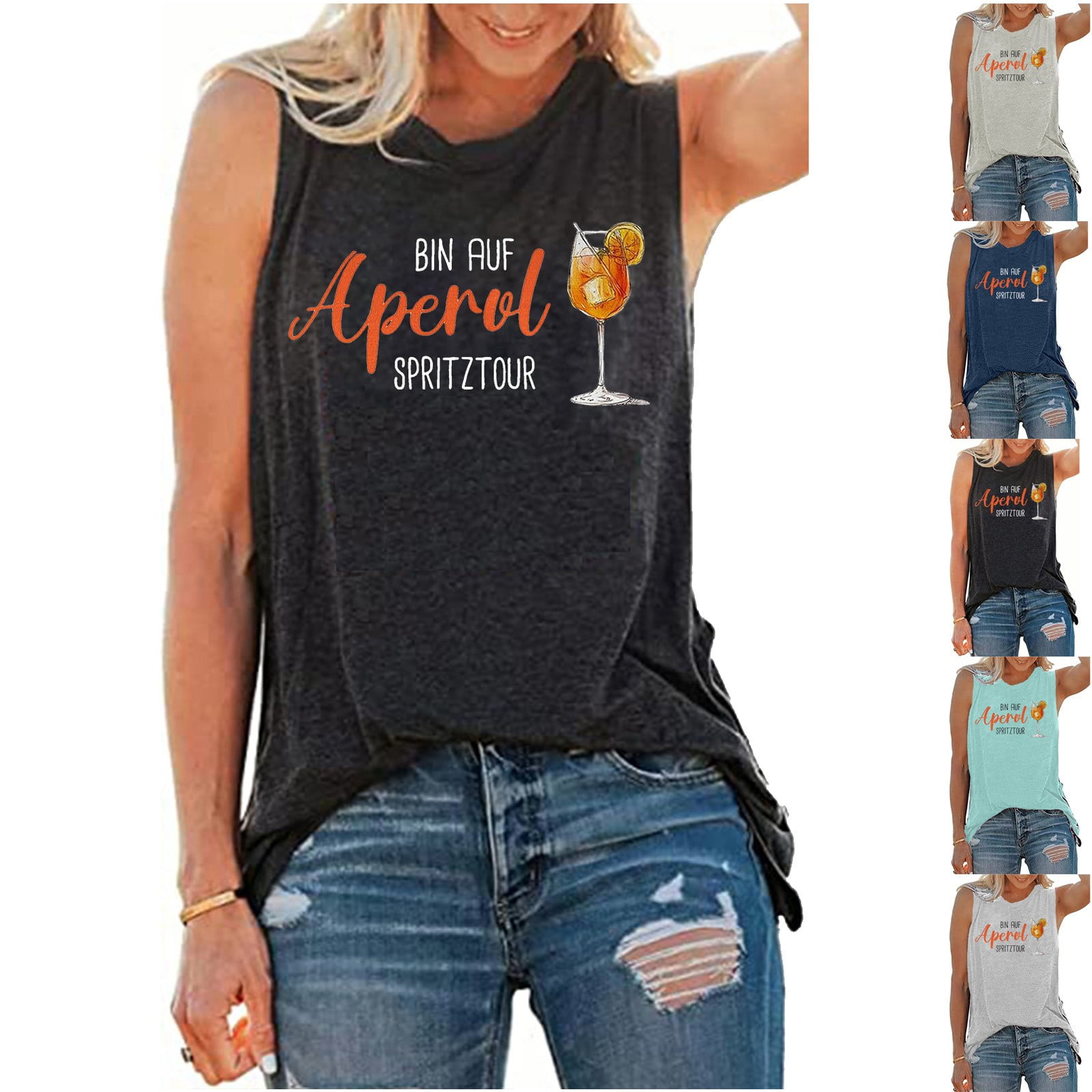 Tank Tops for Women Aperol Spritz Floral Casual Sleeveless Straps Blouse Black Basic Cami Shirts ...