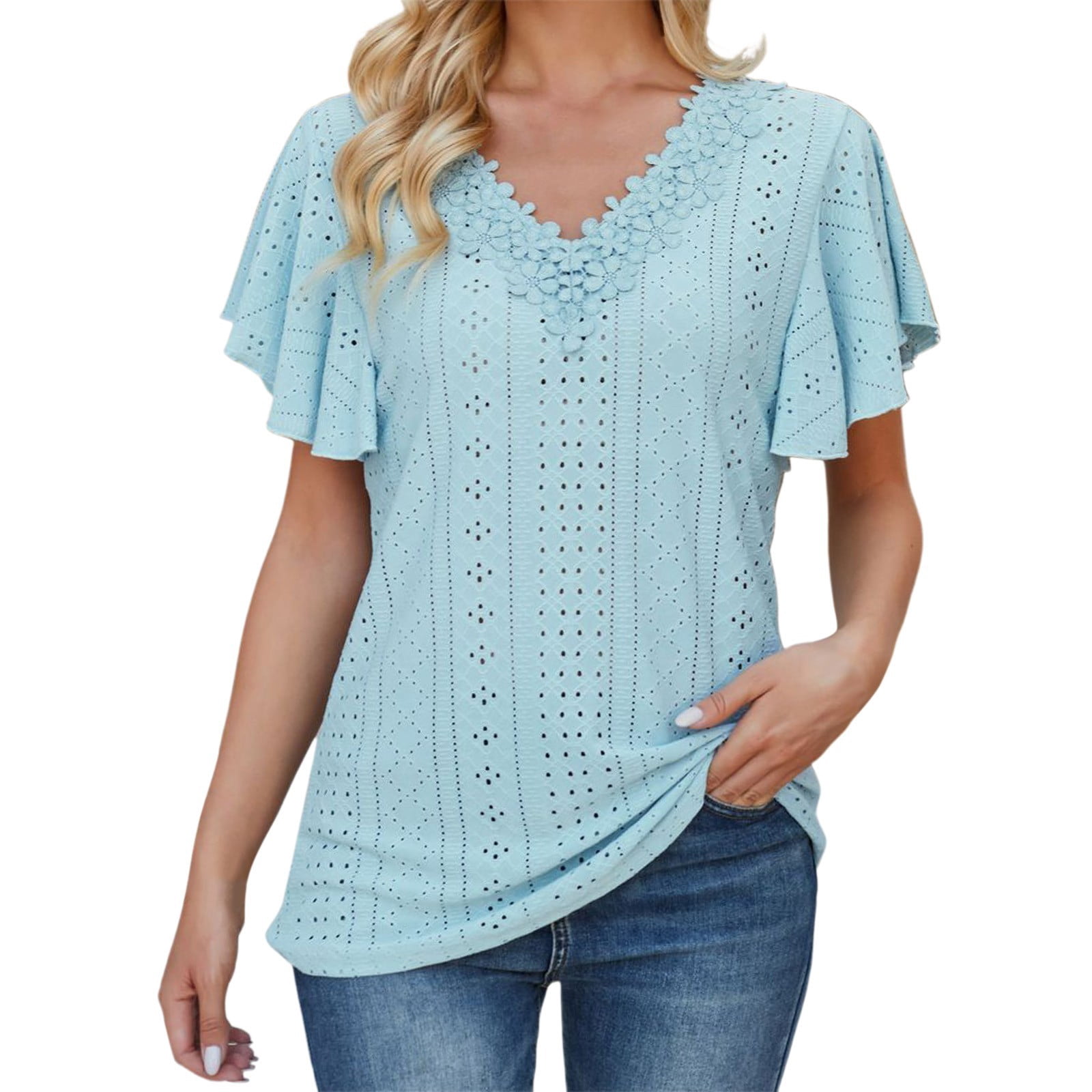 Tank Tops for Women Lace Collar Flutter Sleeve Loose Fit Basic ...